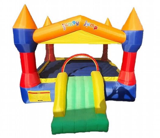 מתקן מתנפח קפיצה + גלישה צבעוני בעיצוב טירת הקסמים כולל גגון/הצללה ...